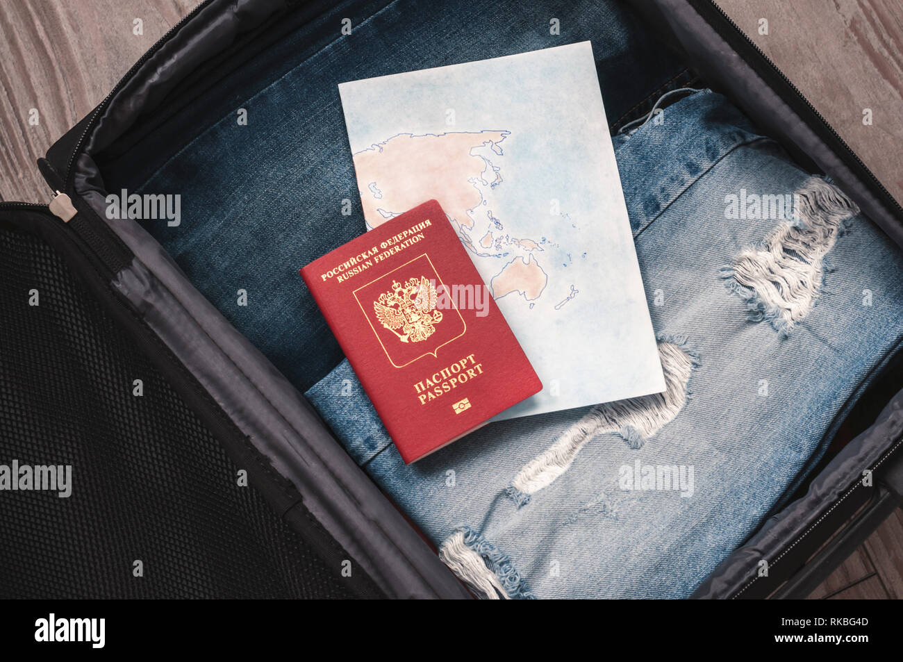 Travel concept. Jeans, card and Russian federation passport In the ...