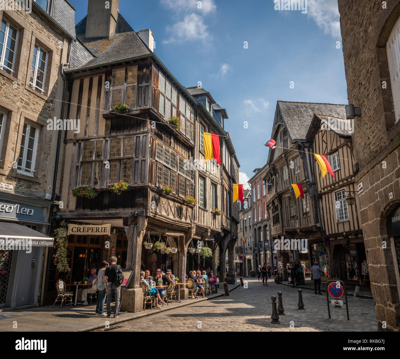 Picturesque medieval half-timbered buildings and creperie in old town ...