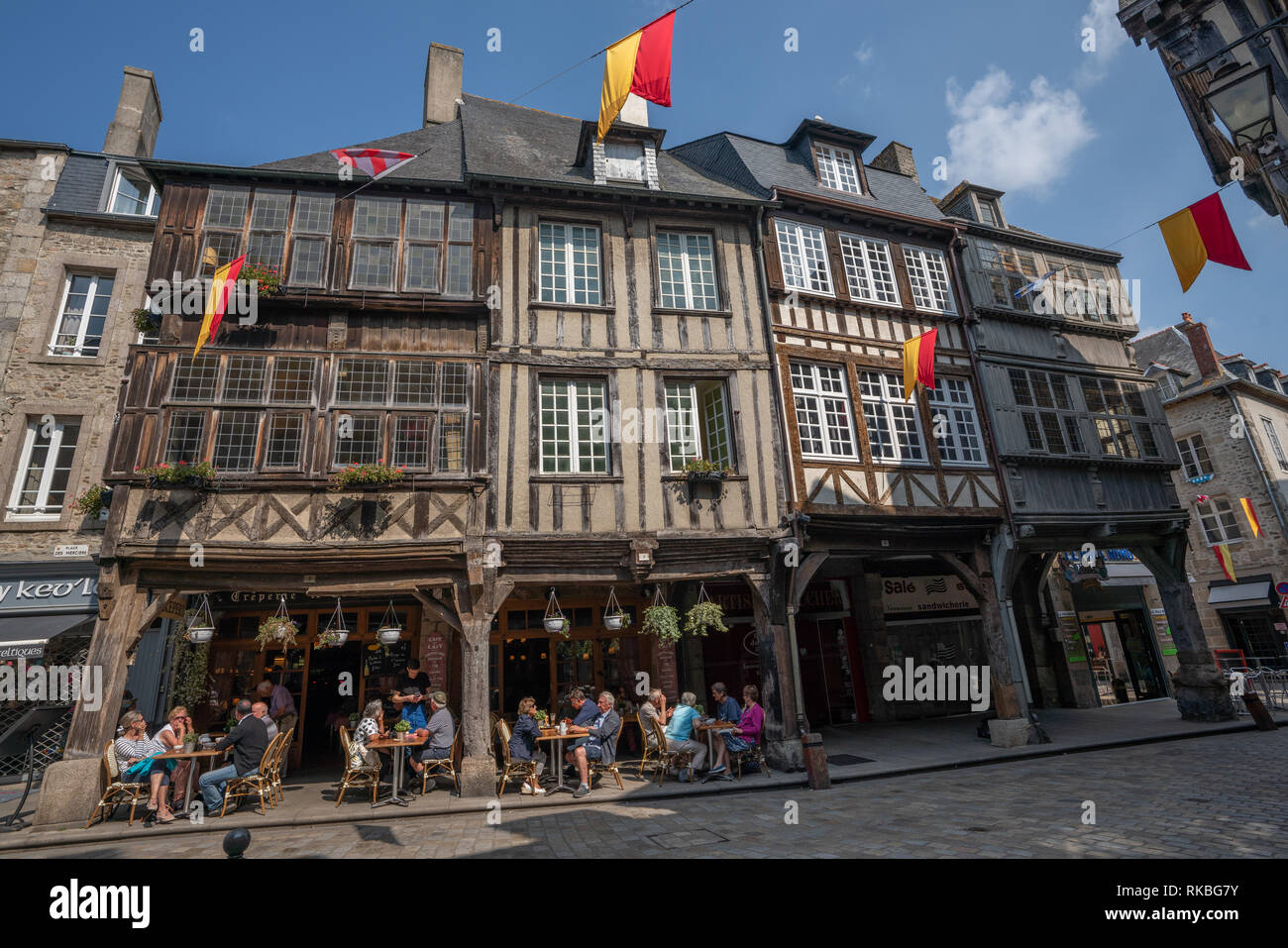 Picturesque medieval half-timbered buildings in old town center Dinan ...