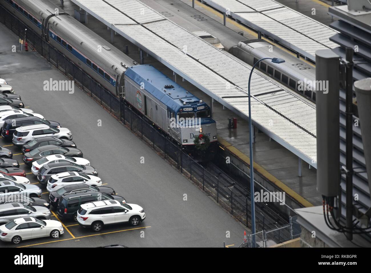 Amtrak and MBTA trains at the terminals of Boston's North Station as ...