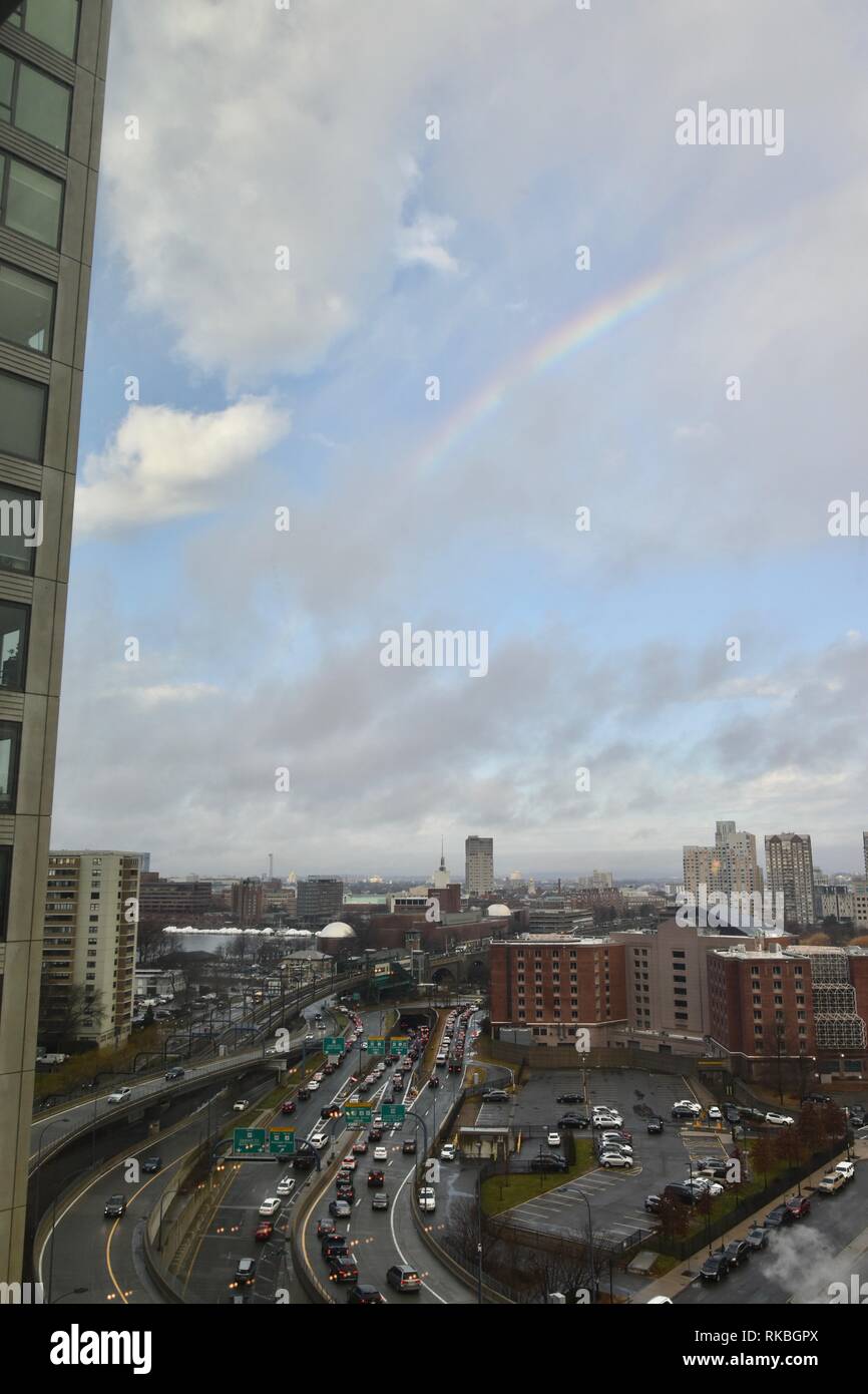 View of the Boston skyline seen from the Avalon North Station roof deck ...