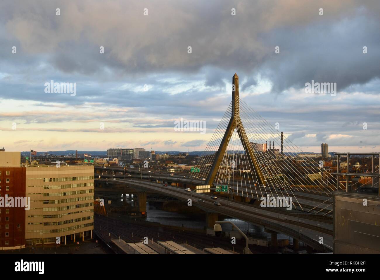 Boston's icon Leonard P. Zakim Bunker Hill Memorial Bridge spanning the ...