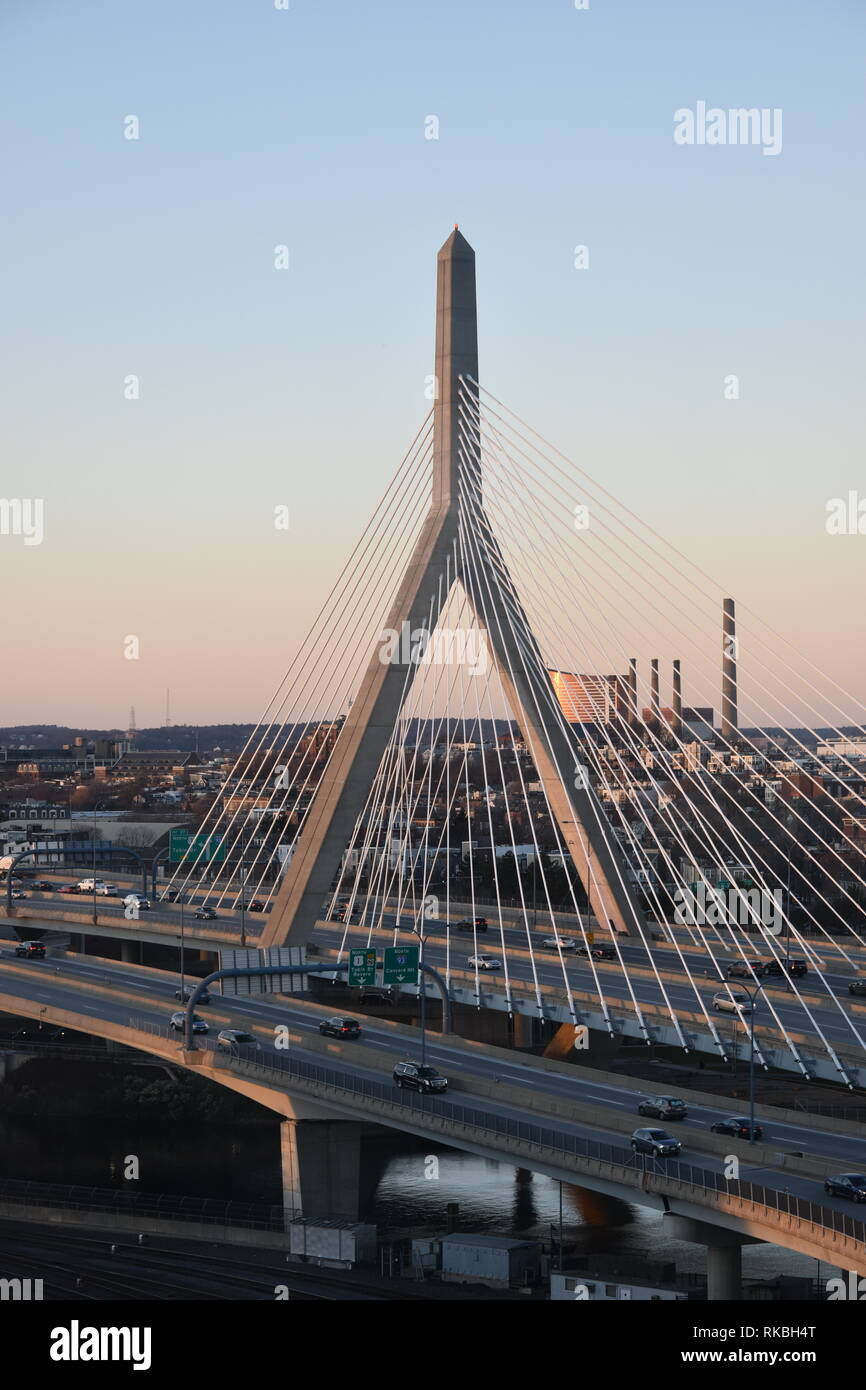 Boston's icon Leonard P. Zakim Bunker Hill Memorial Bridge spanning the ...