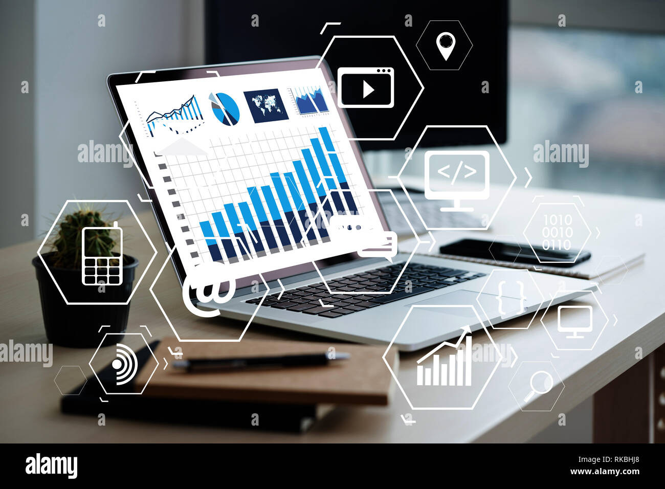 Man using tablet computer virtual interface graphic icons network ...