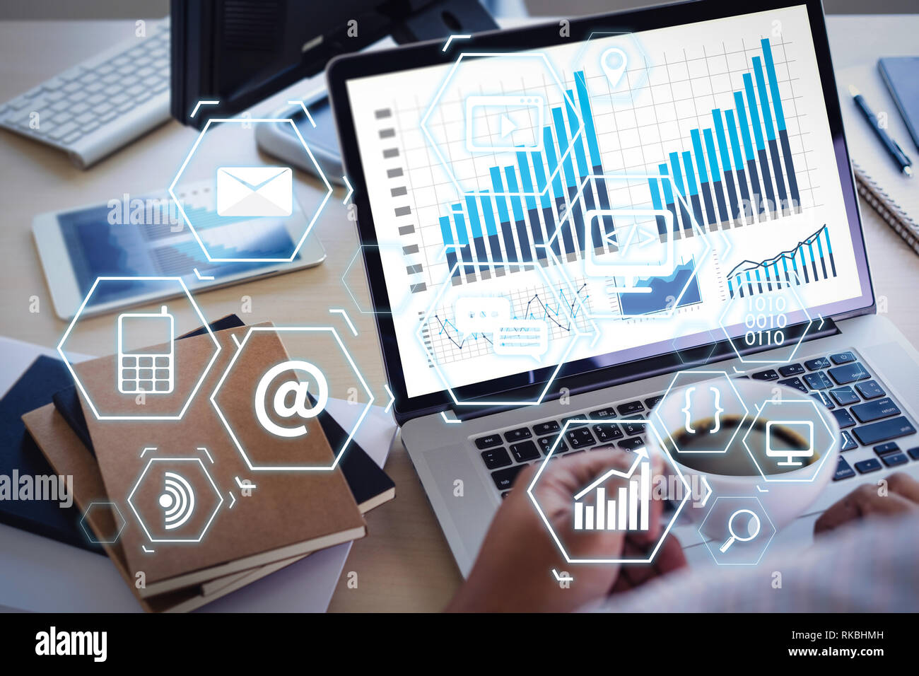 Man using tablet computer virtual interface graphic icons network ...