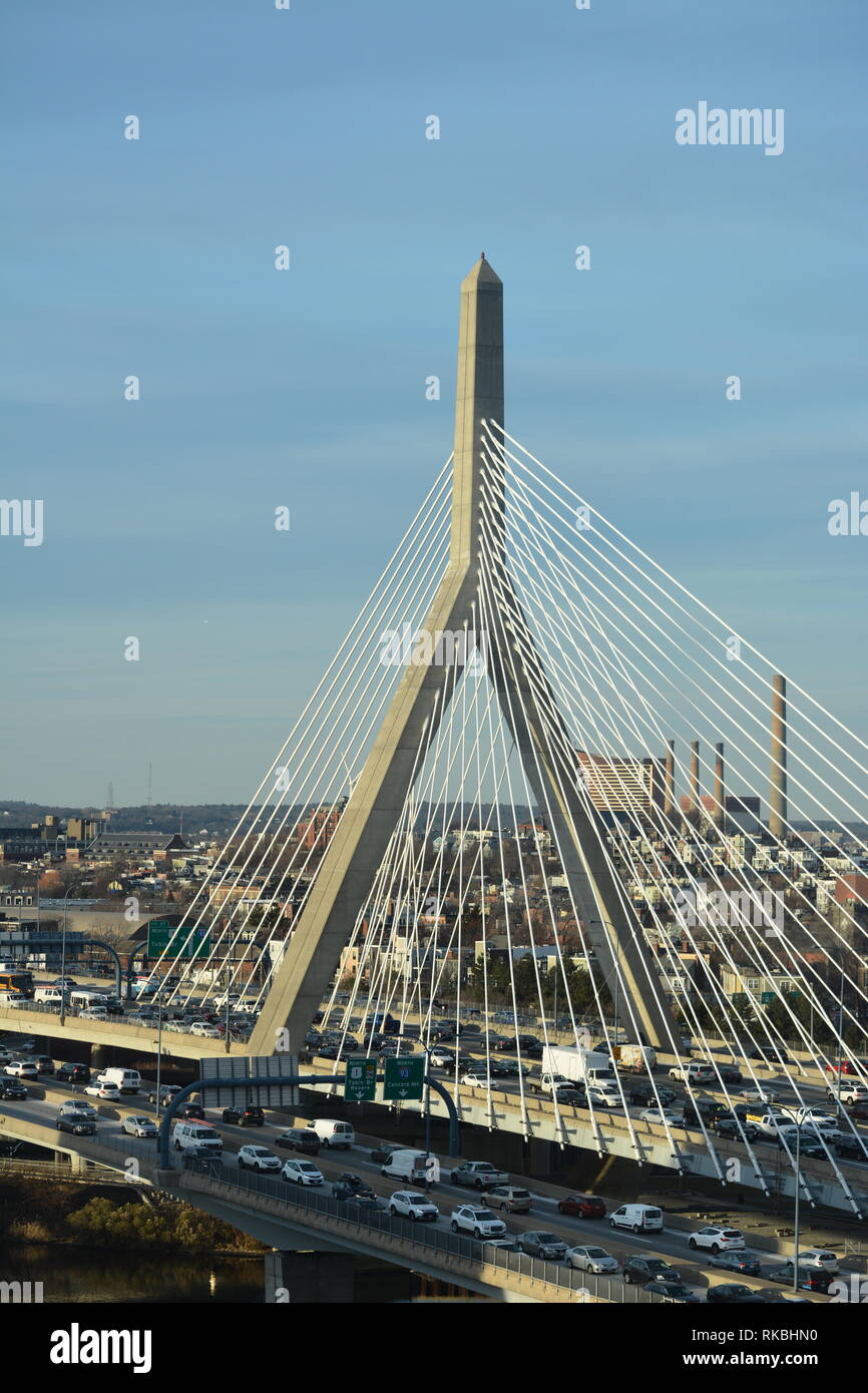 Boston's icon Leonard P. Zakim Bunker Hill Memorial Bridge spanning the ...