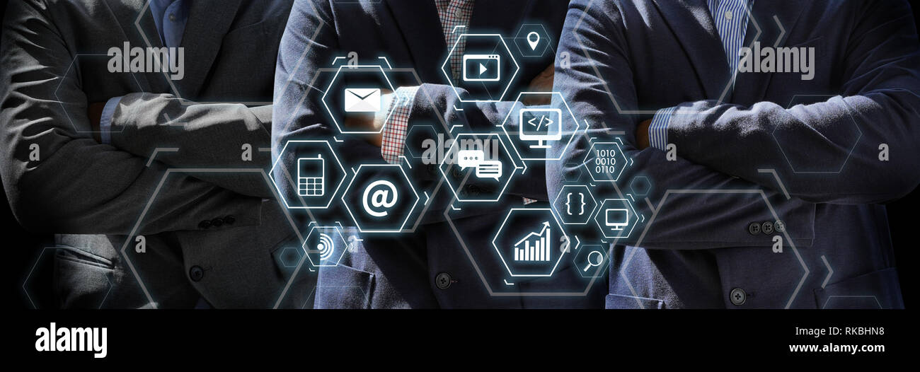 Man using tablet computer virtual interface graphic icons network ...