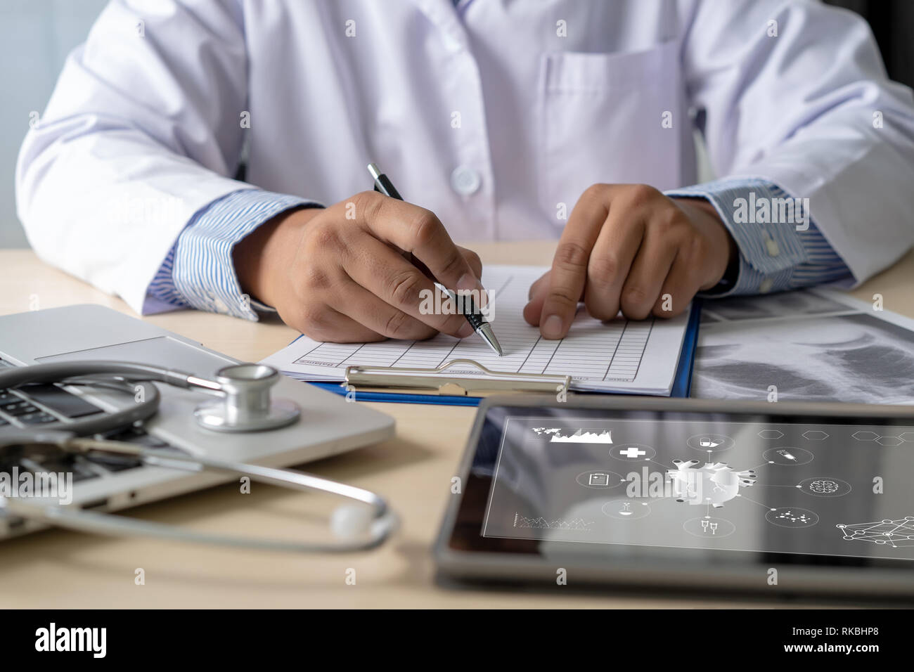 Health care writing prescription Doctor working modern virtual screen ...