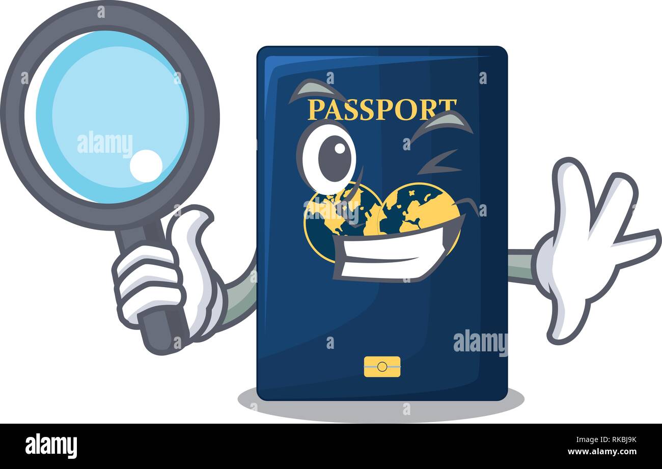 Detective blue passport above character wooden table vector ...