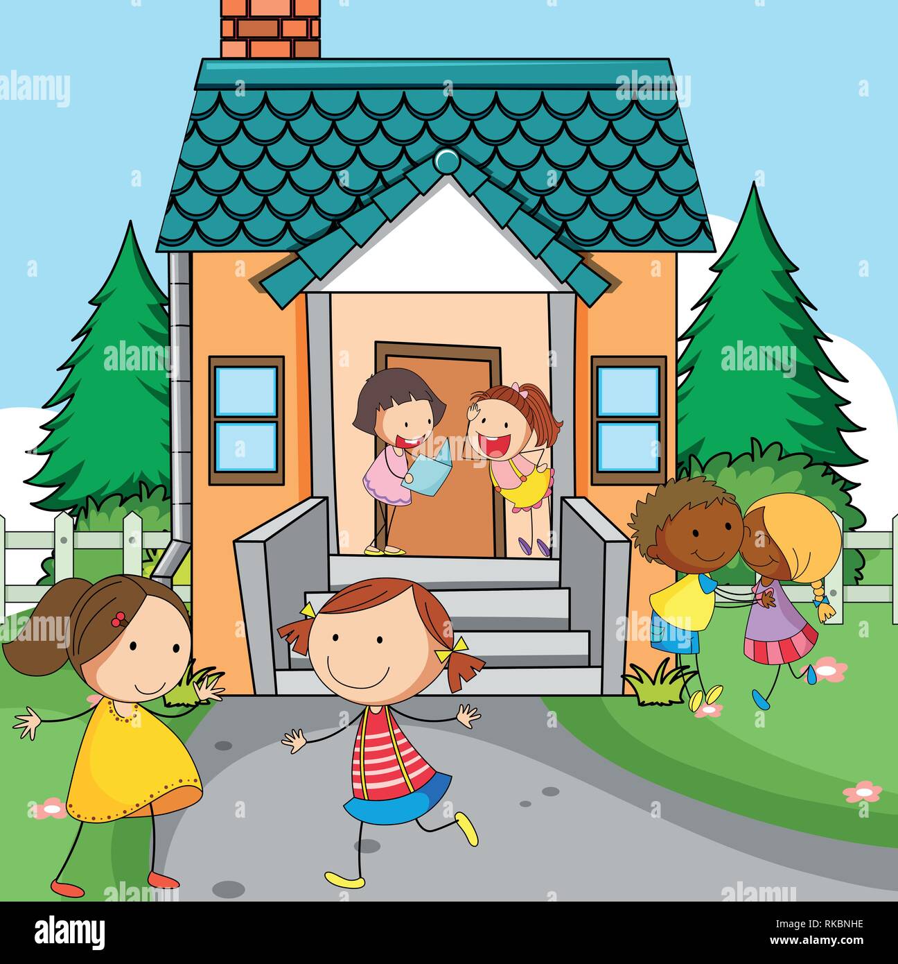 Simple kids infront of house illustration Stock Vector Image & Art - Alamy