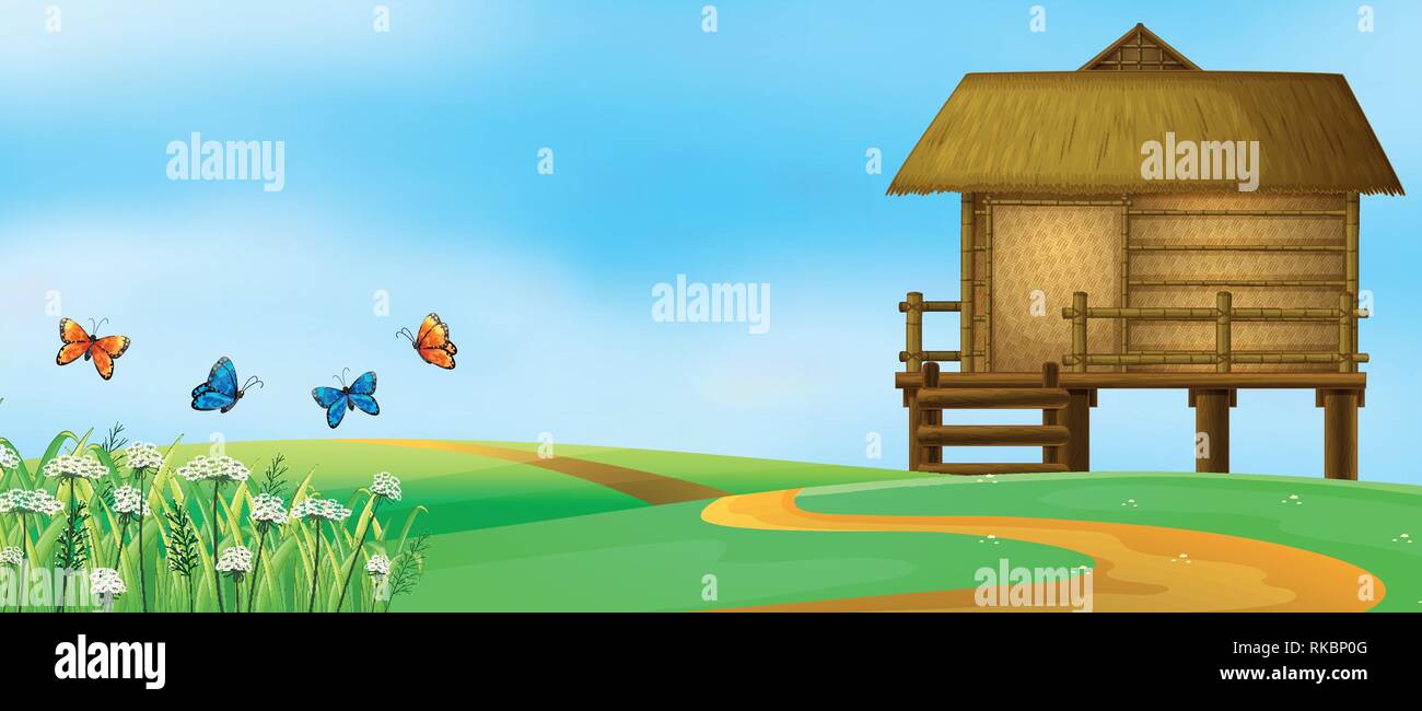 Wooden hut in nature landscape illustration Stock Vector Image & Art ...