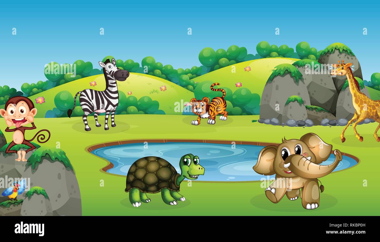 Happy wild animals in forest illustration Stock Vector Image & Art - Alamy