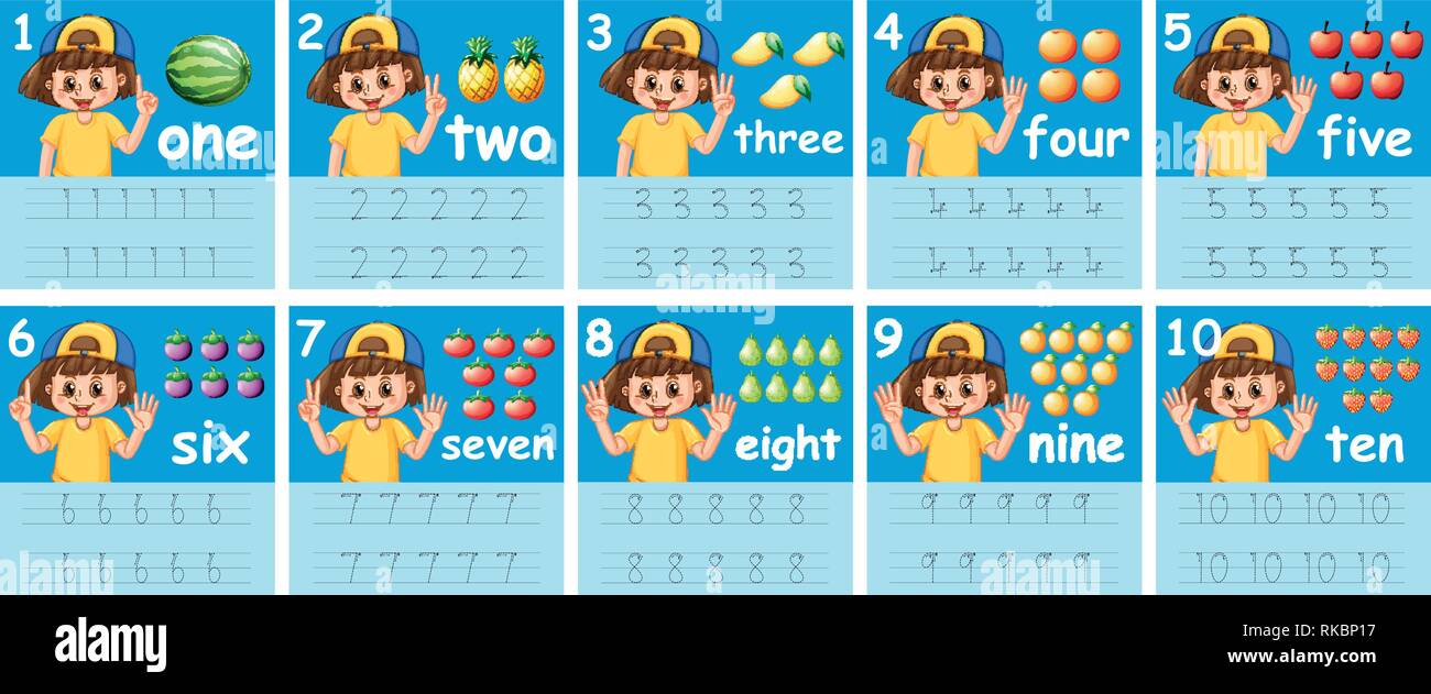 Set of number tracing worksheets illustration Stock Vector Image & Art ...