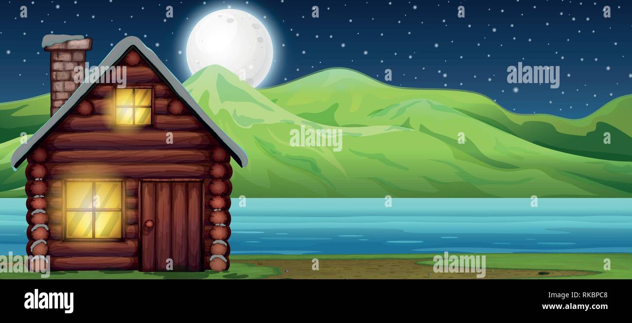 Cabin house at night scen illustration Stock Vector Image & Art - Alamy