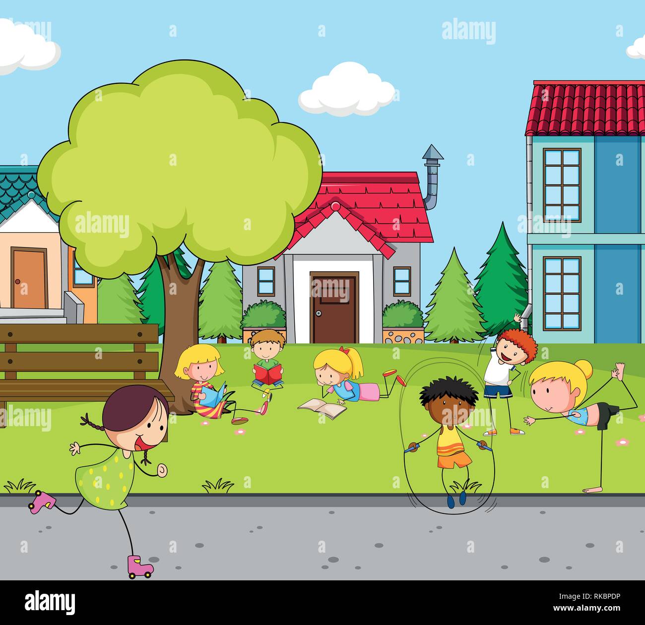 Children playing at the house field illustration Stock Vector Image ...