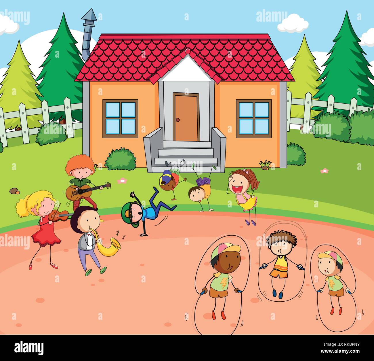 Children play infront of house illustration Stock Vector Image & Art ...