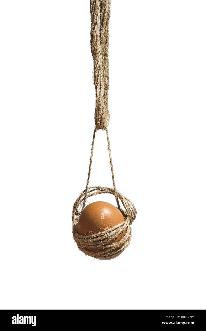 Single brown egg with hanged on a rope. Hanging Easter egg isolated on ...