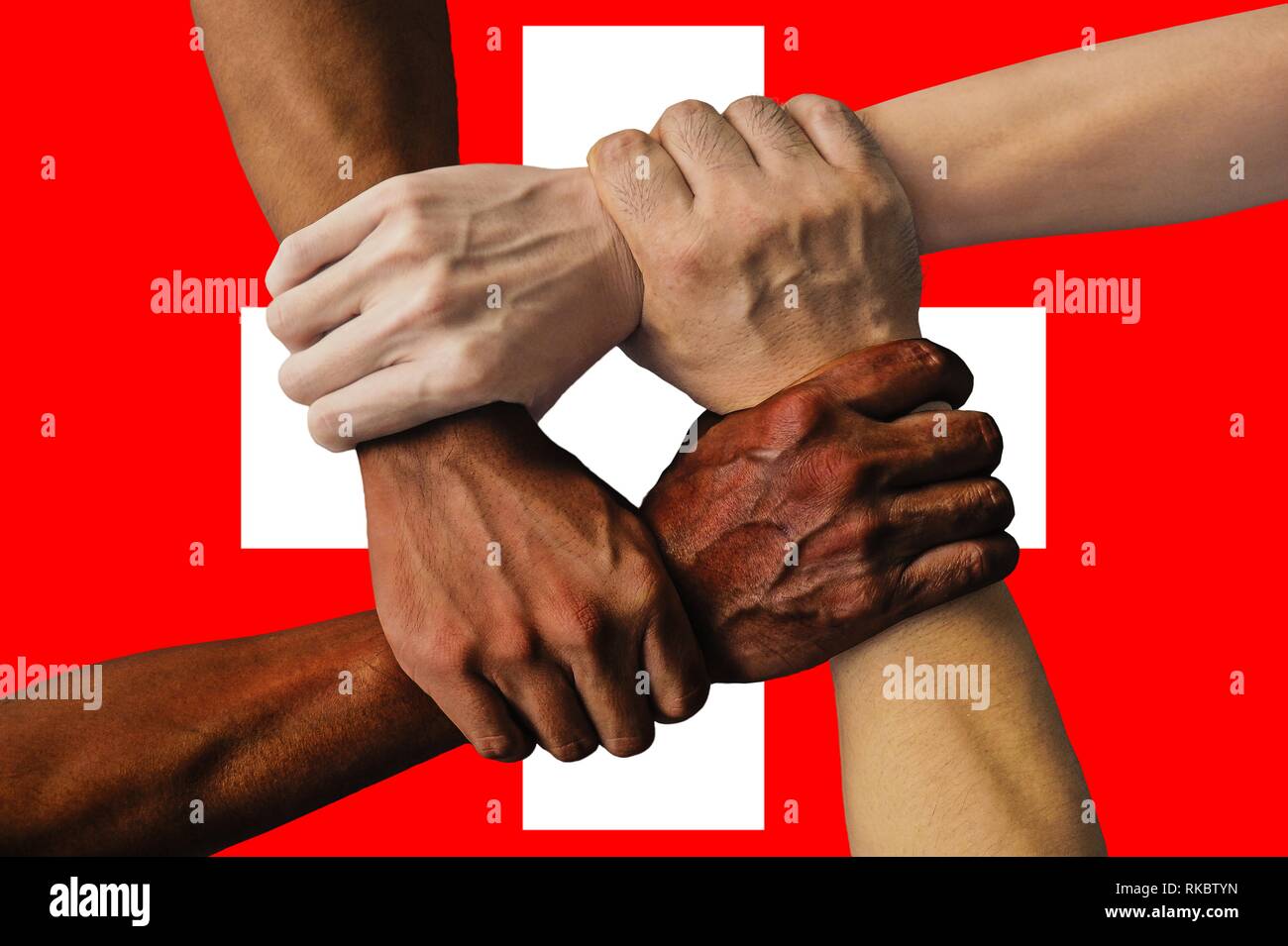 Switzerland flag, intergration of a multicultural group of young people ...