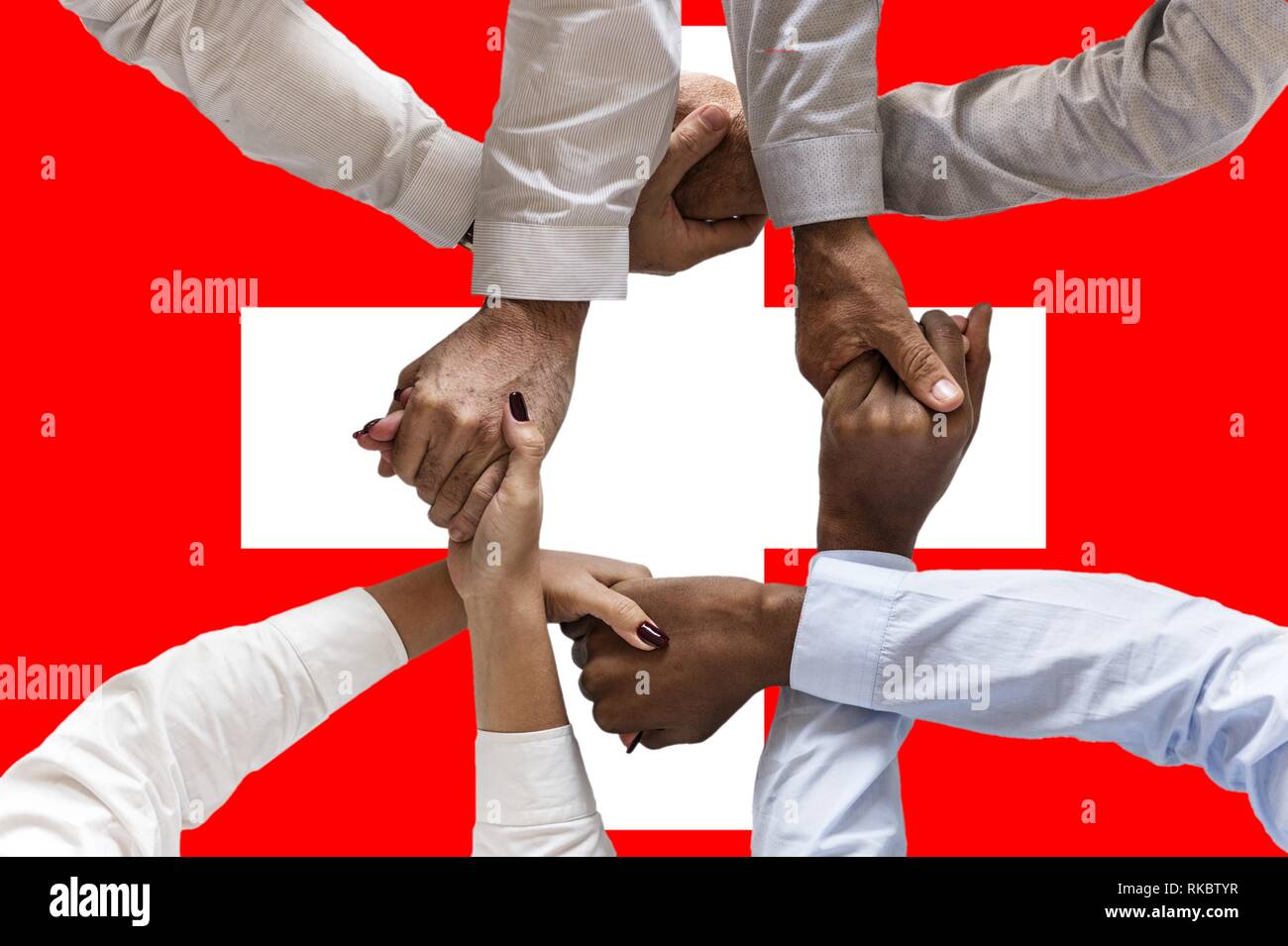 Switzerland flag, intergration of a multicultural group of young people ...