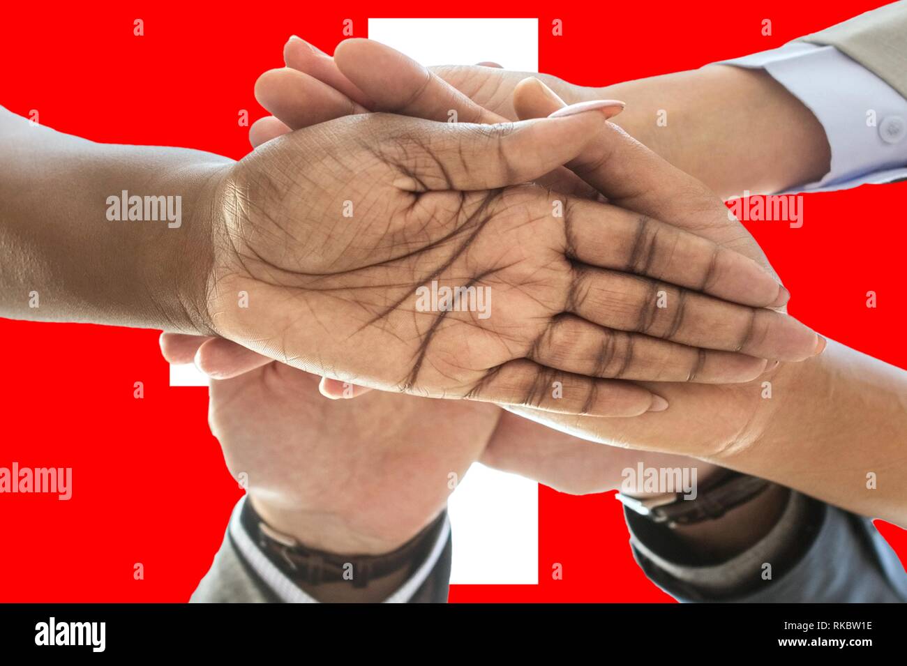 Switzerland flag, intergration of a multicultural group of young people ...