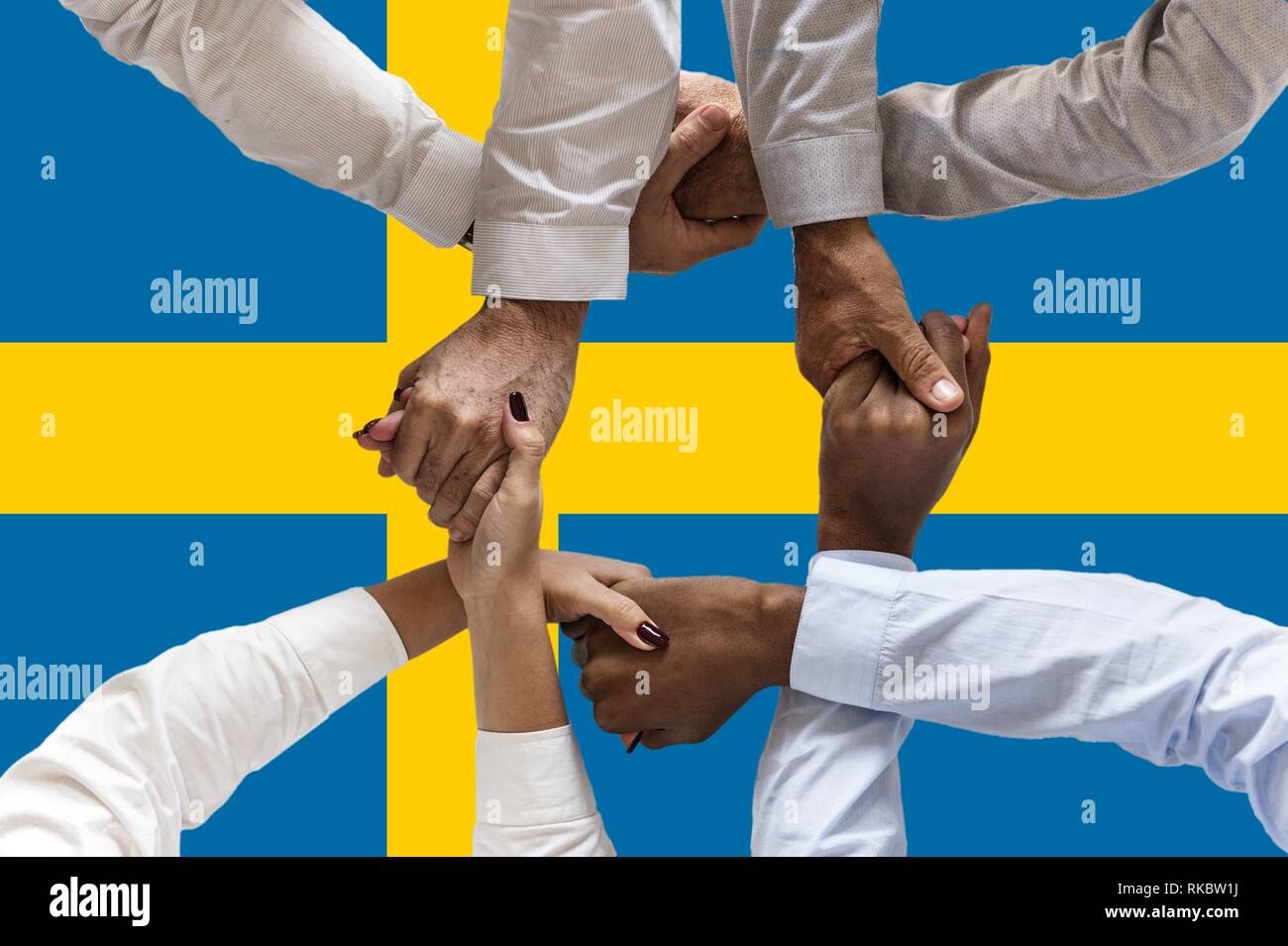 Sweden flag, intergration of a multicultural group of young people ...
