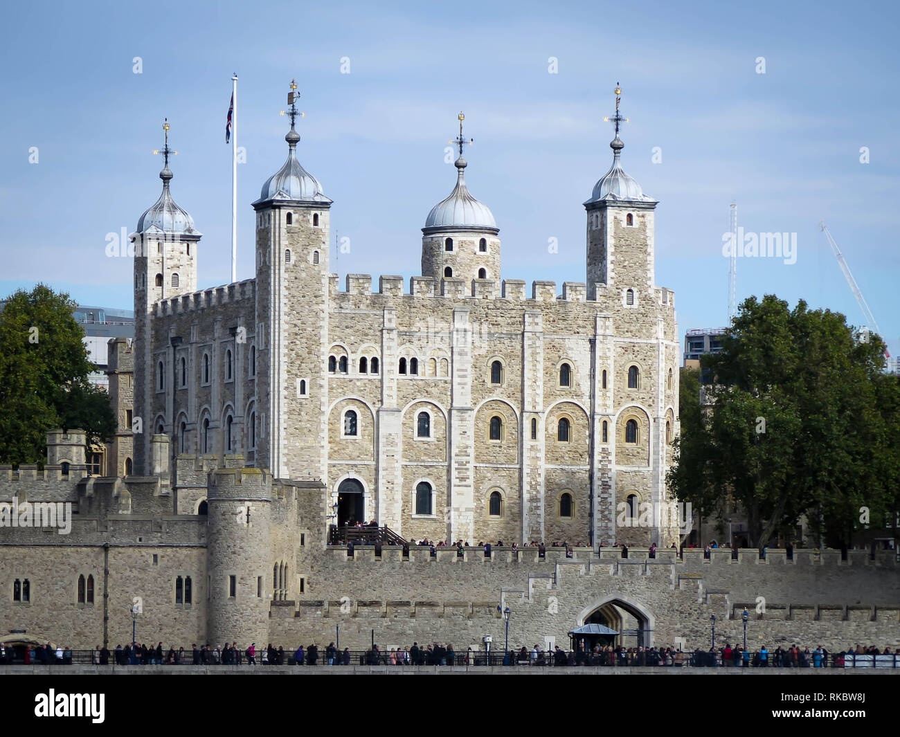 The Tower of London, seen from the River Thames, with a view of the ...