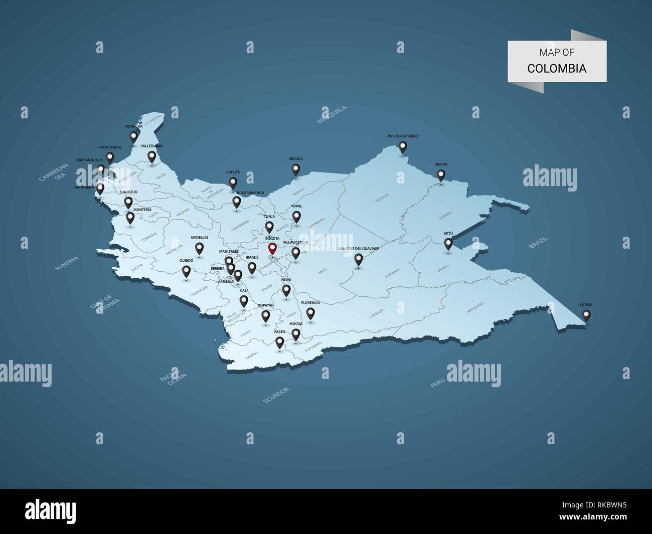 Isometric 3D Colombia map, vector illustration with cities, borders ...
