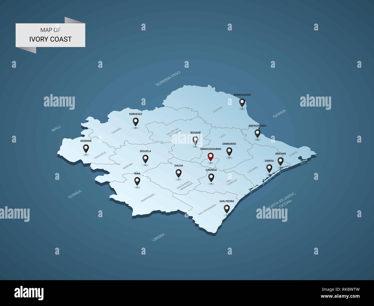 Isometric 3D Ivory Coast map, vector illustration with cities, borders, capital, administrative ...
