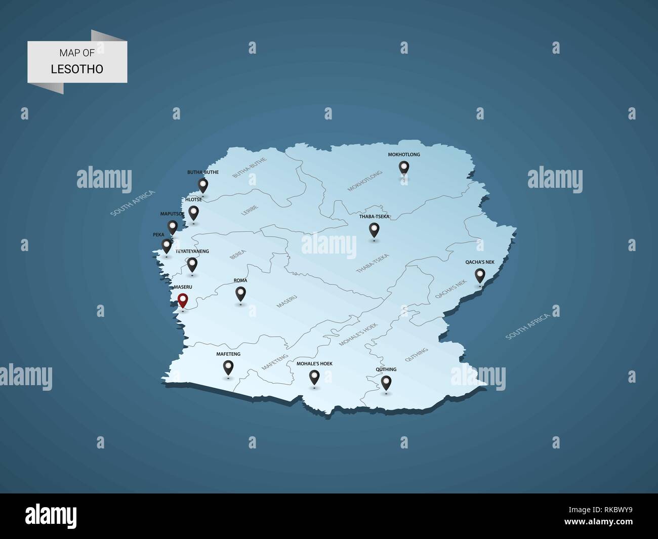 Isometric 3D Lesotho map, vector illustration with cities, borders ...