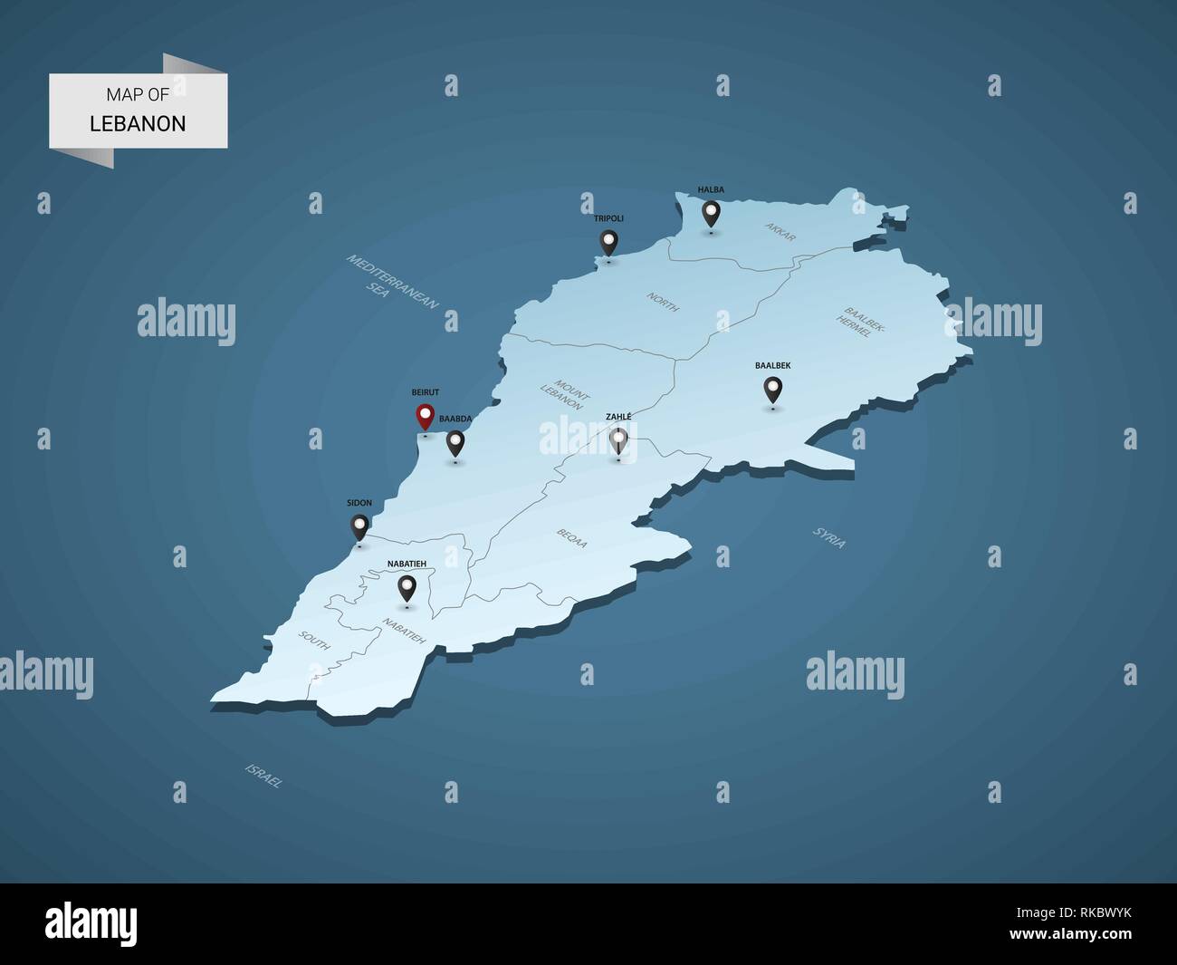Isometric 3D Lebanon map, vector illustration with cities, borders ...