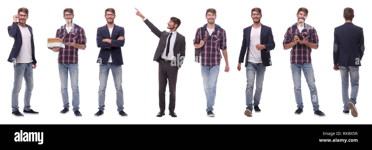 panoramic collage of self-motivated young man .isolated on white ...