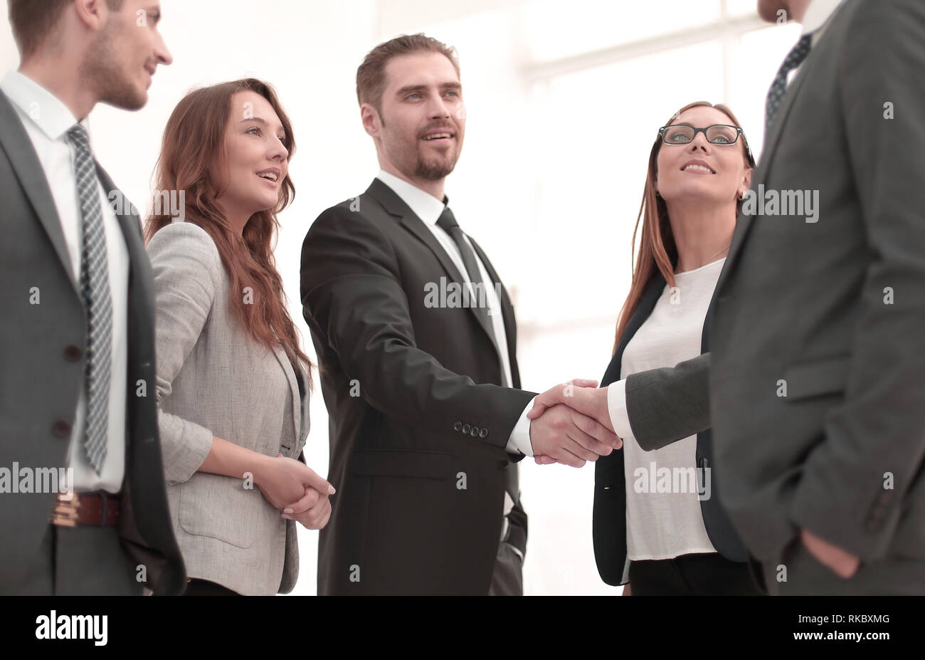 Image of business people interacting on a window background Stock Photo ...