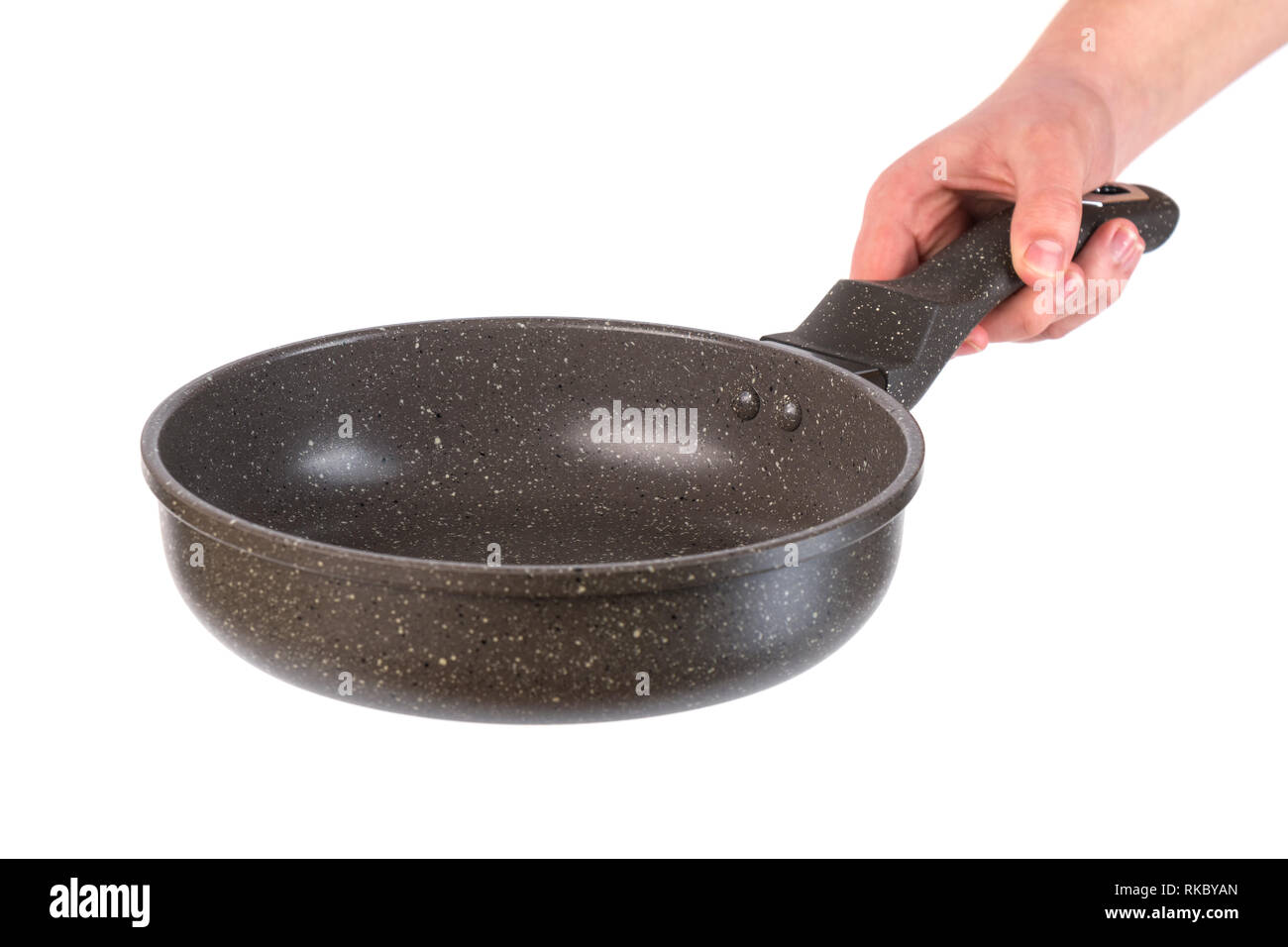 New Frying pan isolated in hand on white background Stock Photo - Alamy