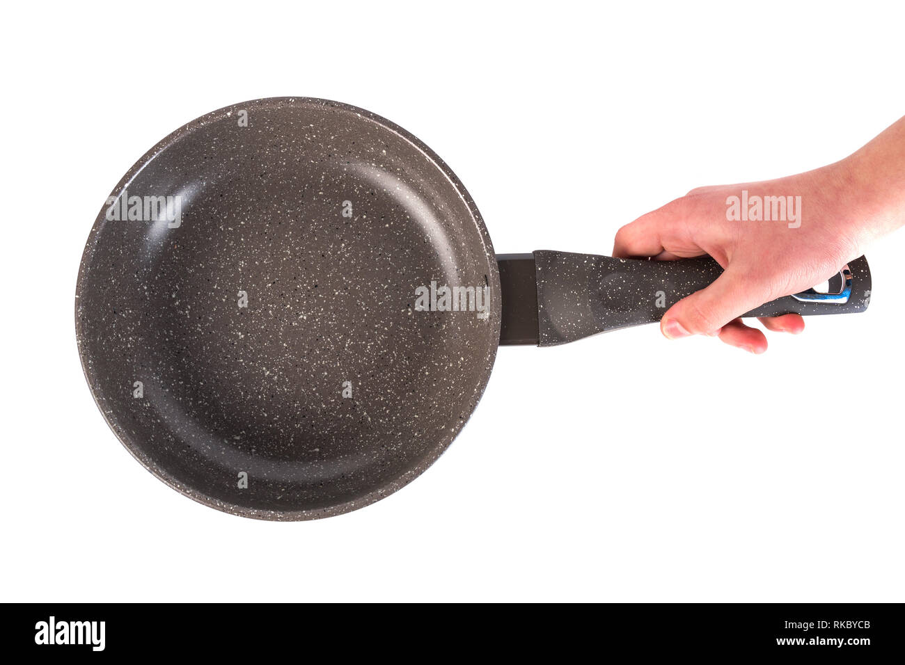 Top view of new empty frying pan in hand isolated on white Stock Photo ...