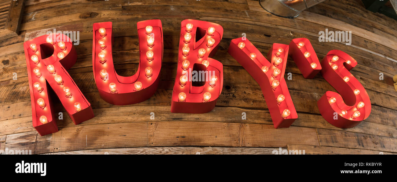 Panoramic photograph of the luminous sign of the dog friendly Ruby's ...
