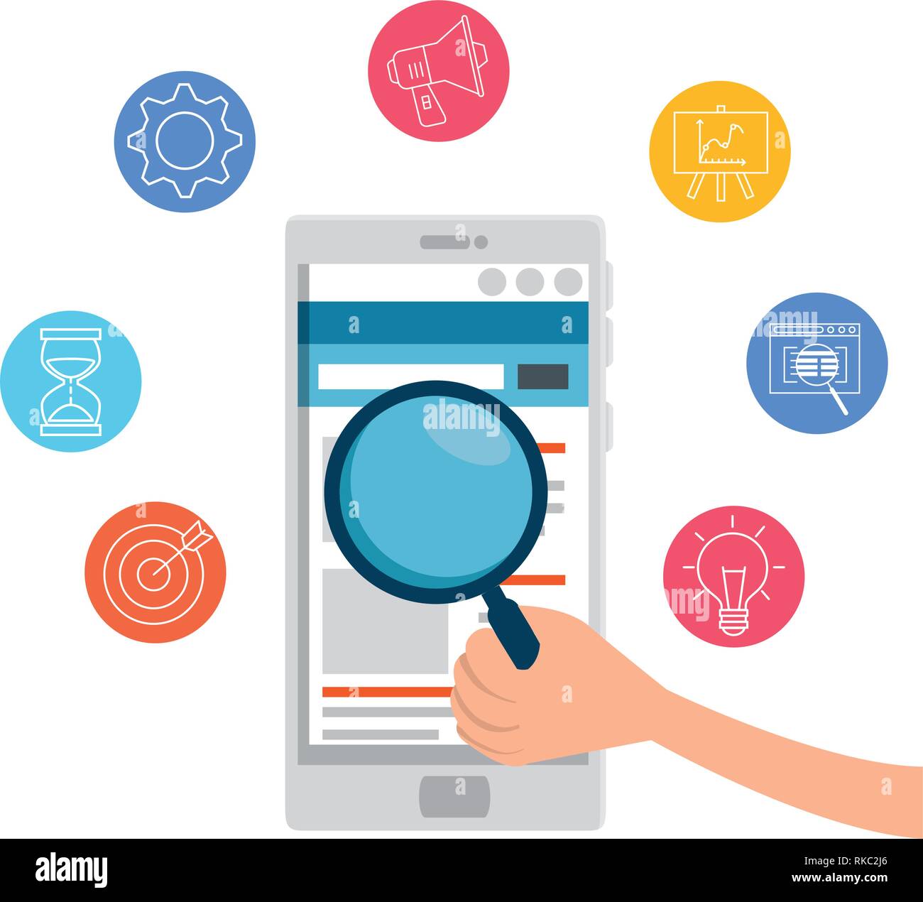 smartphone with magnifying glass and business icons vector illustration ...