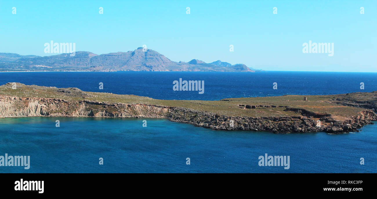 Greek coastal landscape - Rhodes, sea and the land, aerial view Stock ...