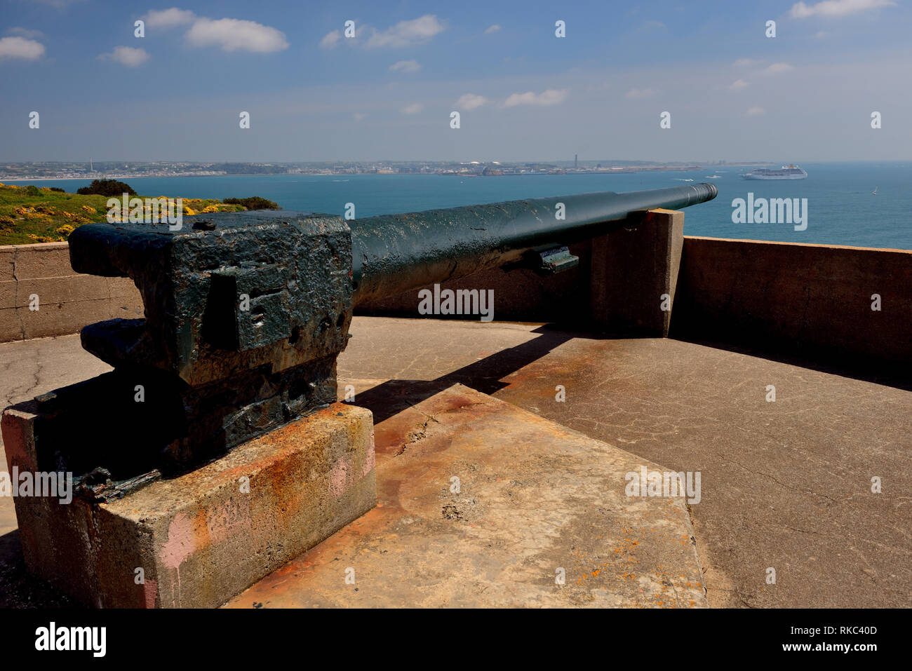 A World War Two gun pointing across St Aubin's Bay from Noirmont Point ...