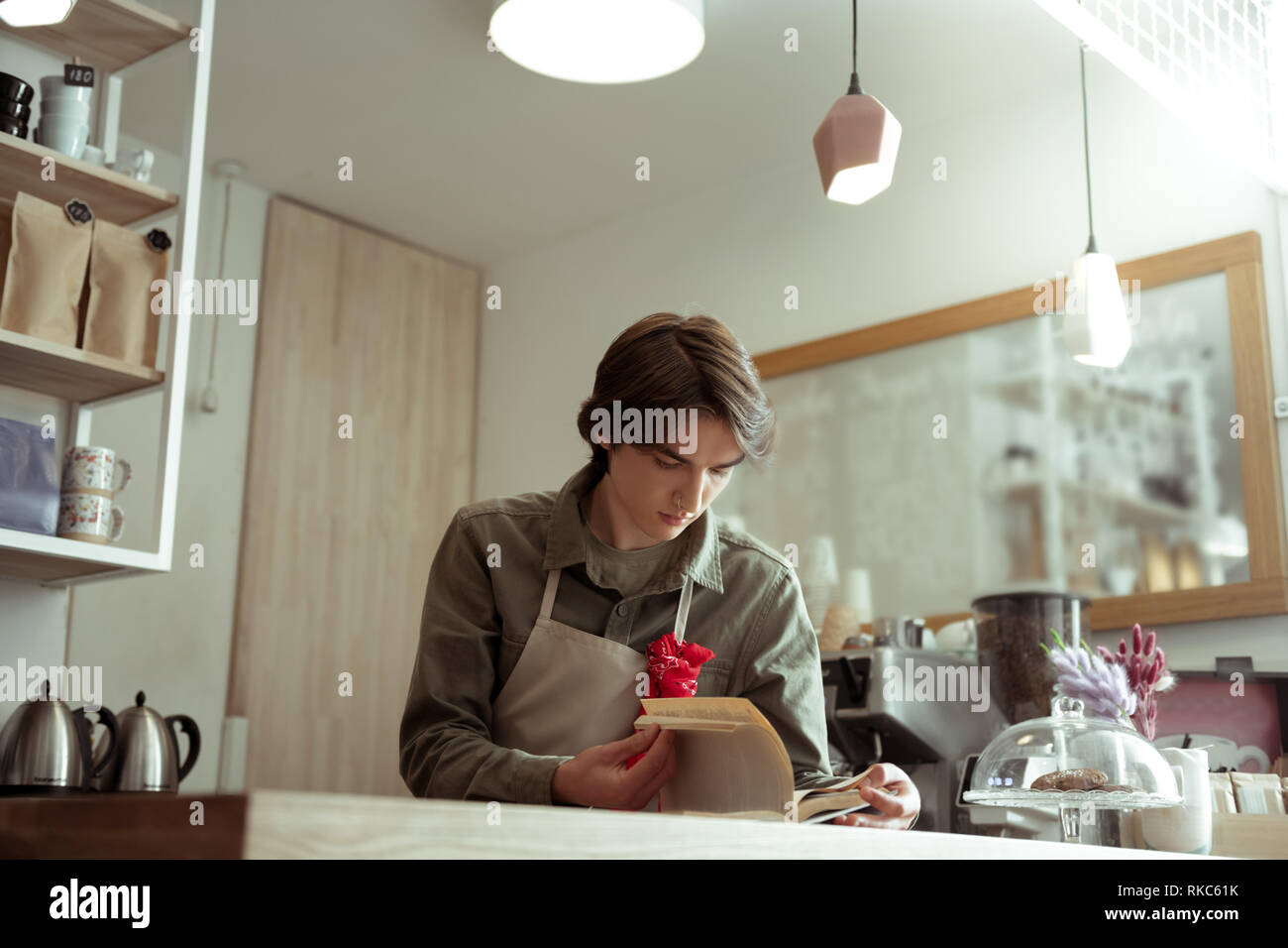 Pleasant accurate guy flipping through interesting book Stock Photo - Alamy