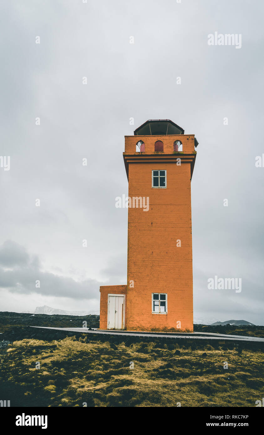 Orange Lighthouse Svortuloft Skalasnagi tower in Snaefellsnes Peninsula ...