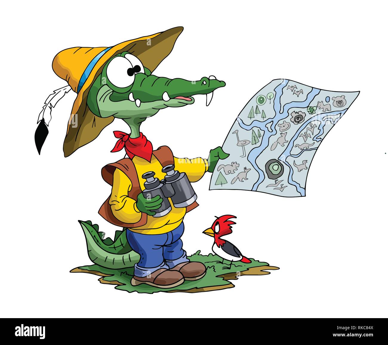 Cartoon adventurer alligator looking his map to find his route vector ...