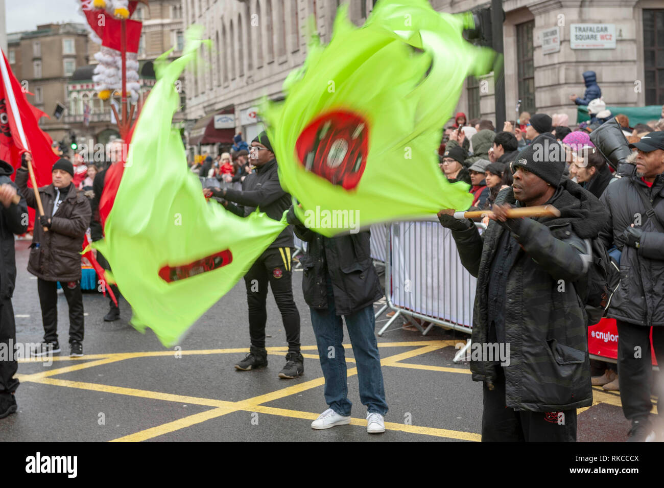 London, UK. 10th Feb, 2019. Celebratory parade approaches Trafalgar ...