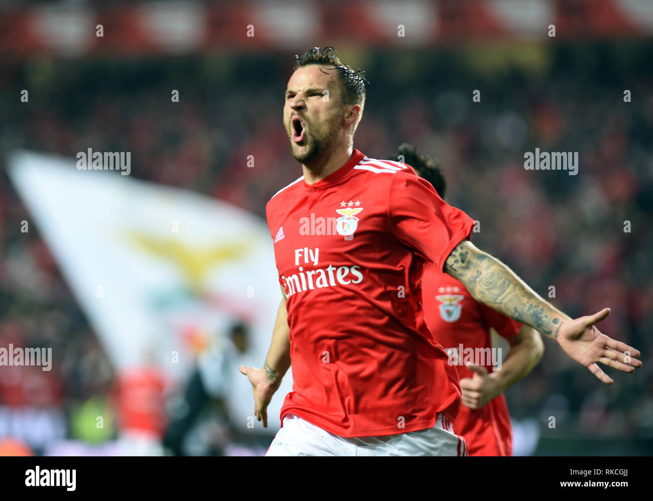 Lisbon, Portugal. 10th Feb, 2019. Haris Seferovic of Benfica celebrates ...
