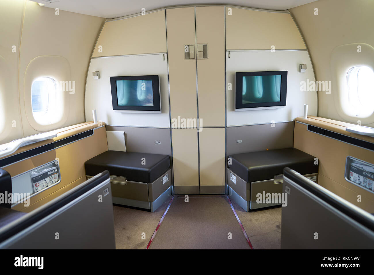 NEW YORK - MARCH 13, 2016: interior of Boeing 747-8I. The Boeing 747 is ...