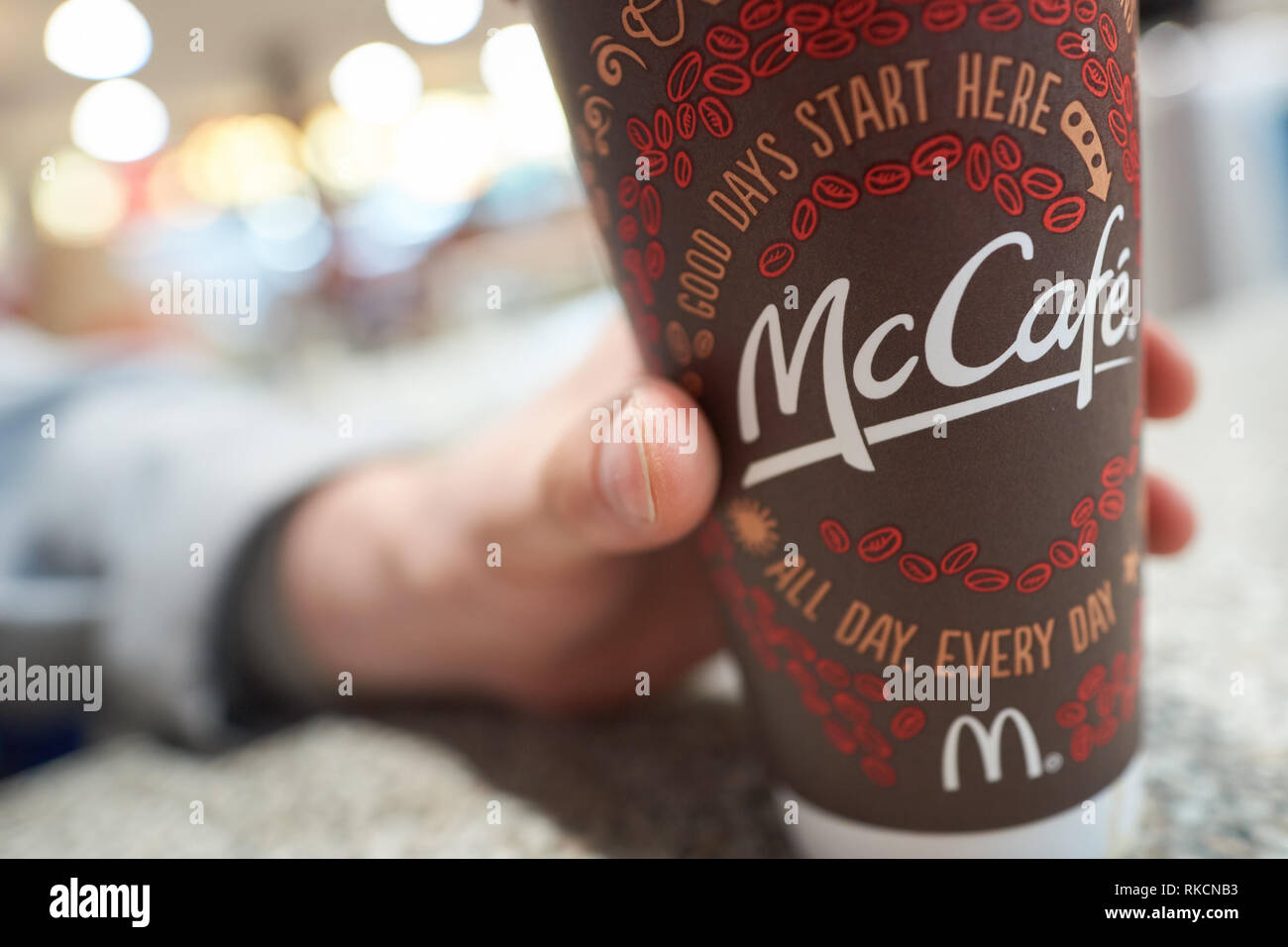 NEW YORK - CIRCA MARCH, 2016: close up shot of cup with McCafe logo ...