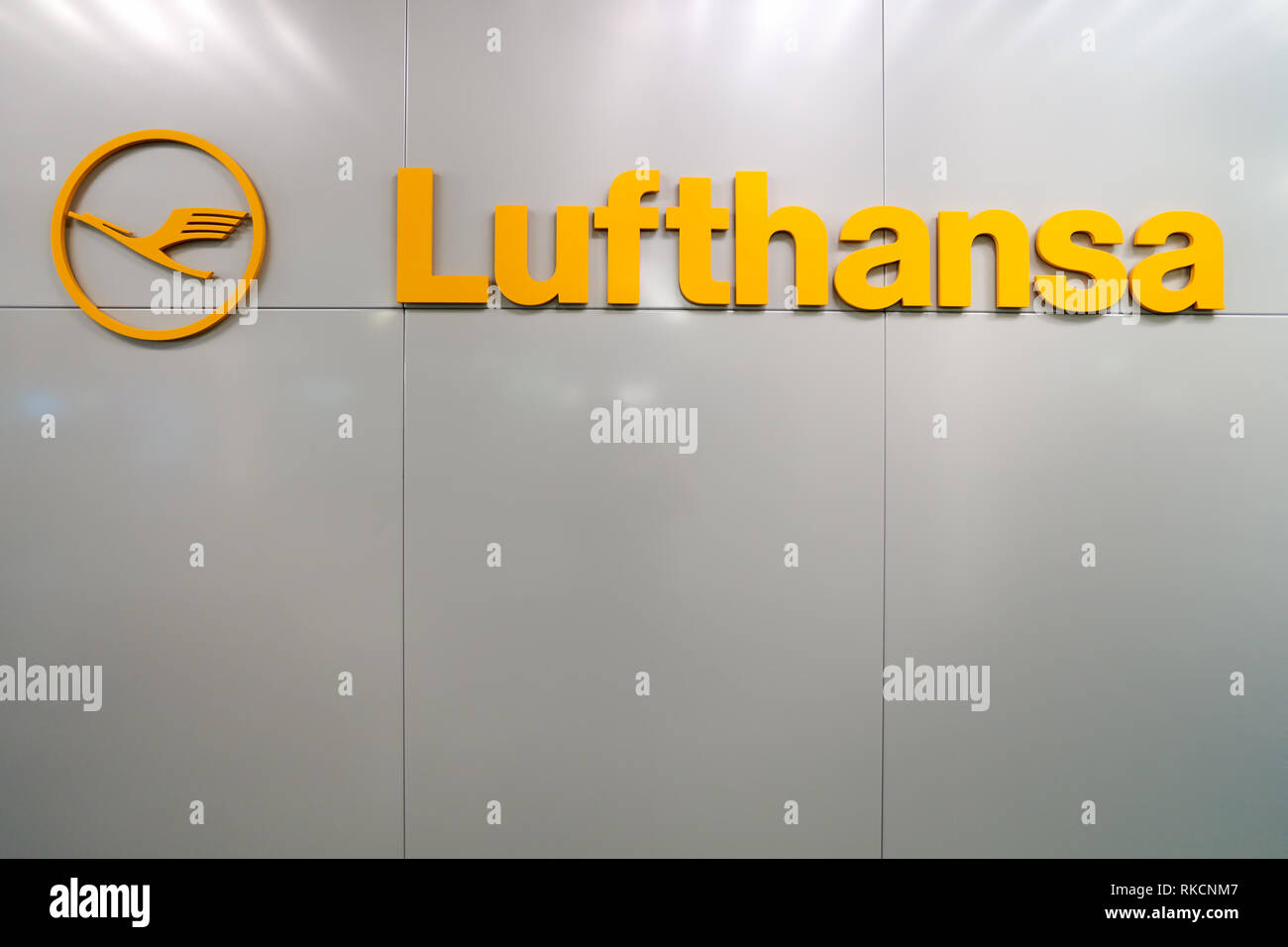 FRANKFURT, GERMANY - APRIL 07, 2016: close up shot of Lufthansa logo ...