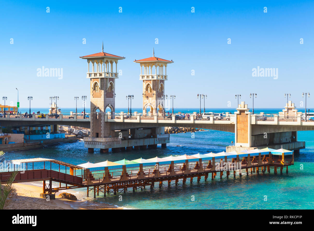 Stanley beach and bridge, popular landmark of Alexandria, Egypt Stock ...