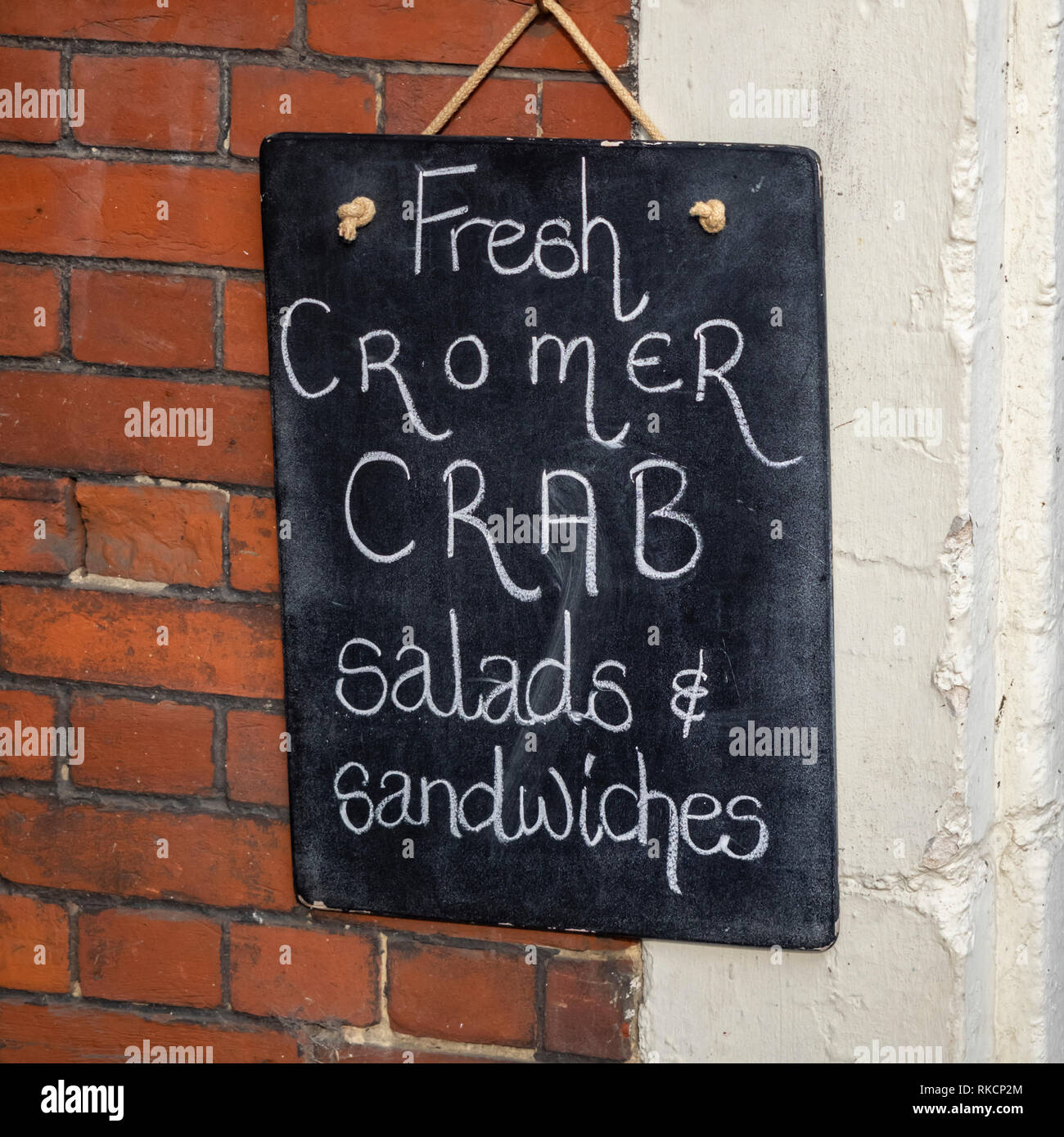 CROMER, NORFOLK, UK - JUNE 13, 2018: Sign for fresh Cromer Crab seafood ...