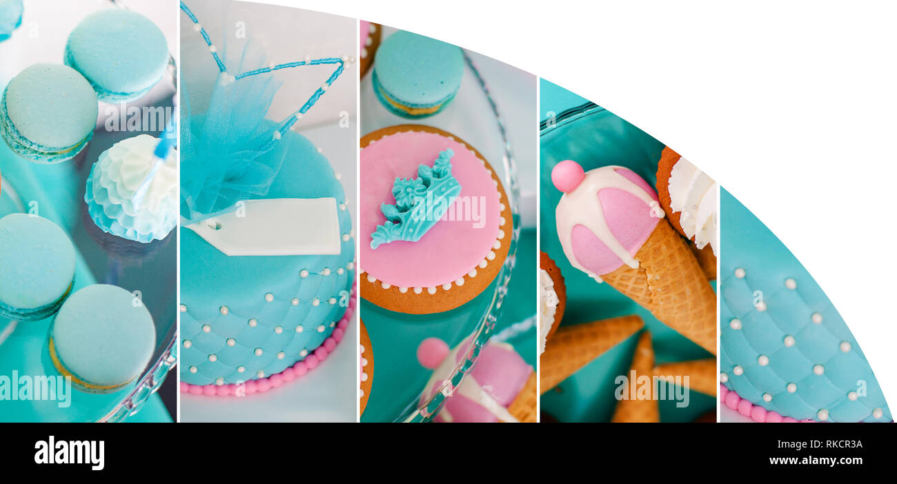 Blue summer time theme for party or birthday. Collage of five pictures ...
