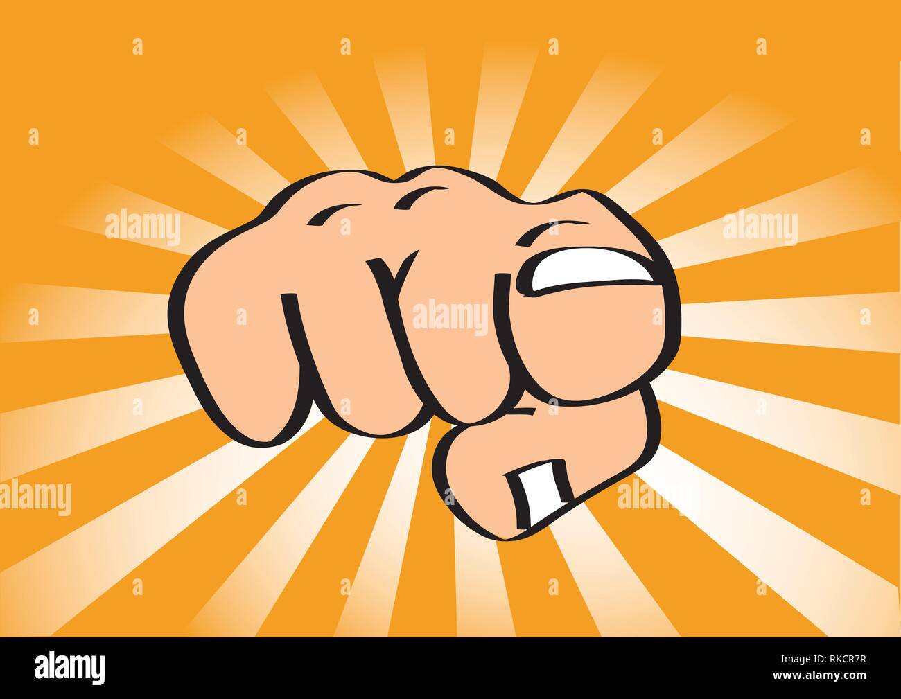 Hand pointing index finger at viewer with colorful sun rays in ...